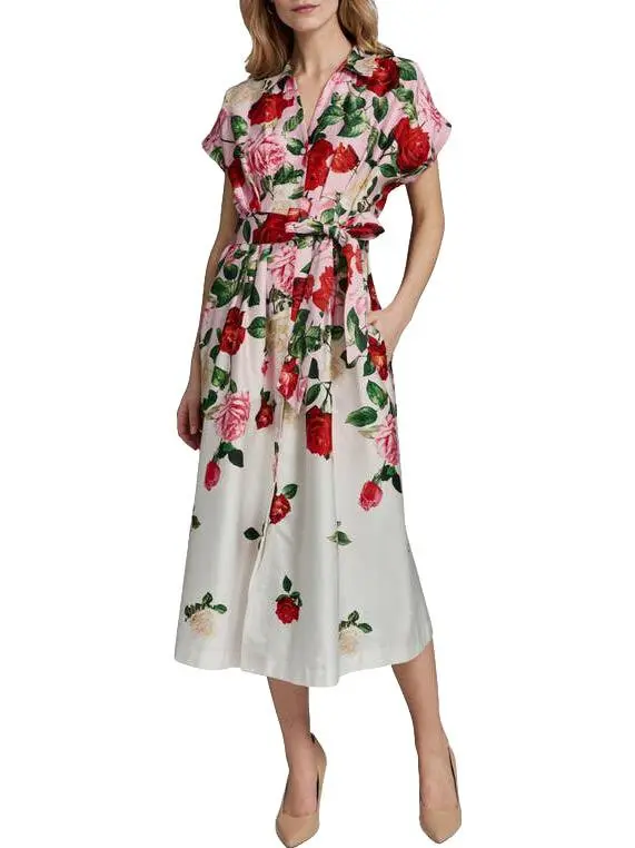 Karl Lagerfeld Paris Floral Stretch Cotton Midi Shirtdress - Cornelia Rose/soft Whit Multi