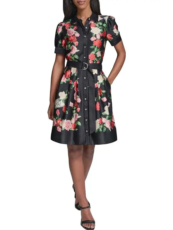 Karl Lagerfeld Paris Floral Print Shirtdress - Black Multi