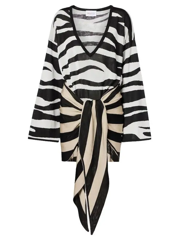 Attico Knitted Zebra-print V-neck Minidress - Black