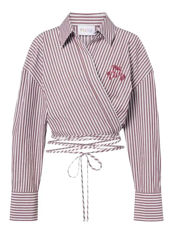 Attico Striped Cotton Wrap Top - Burgundy