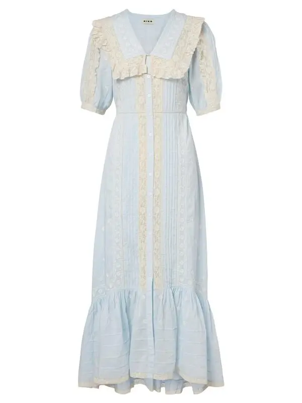 Rixo Edina Embroidered Cotton Midi Dress - Blue