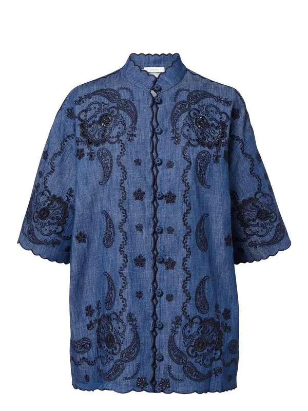 Zimmermann Aster Embroidered Denim Shirt - Blue