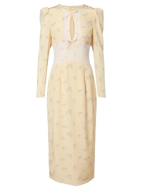 Alessandra Rich Lace-trimmed Floral Silk Midi Dress - Yellow