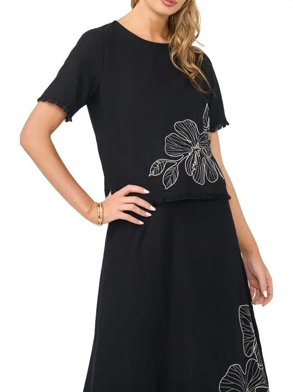 Vince Camuto Embroidered Short Sleeve Top - Rich Black