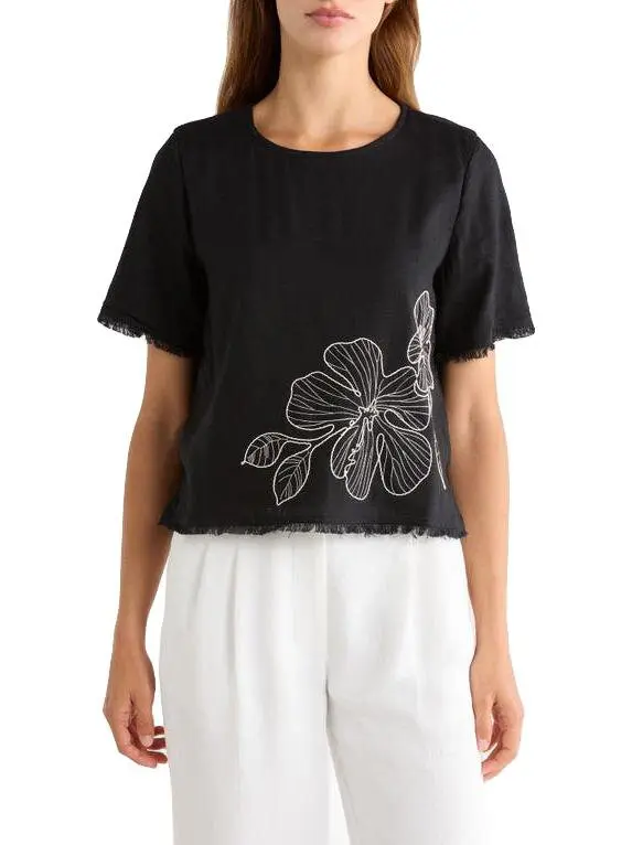 Vince Camuto Embroidered Short Sleeve Top - Rich Black
