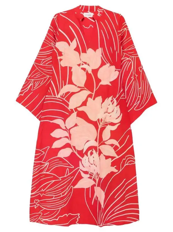 Verandah Wild Tulip Floral-print Long-sleeve Midi Dress - Red