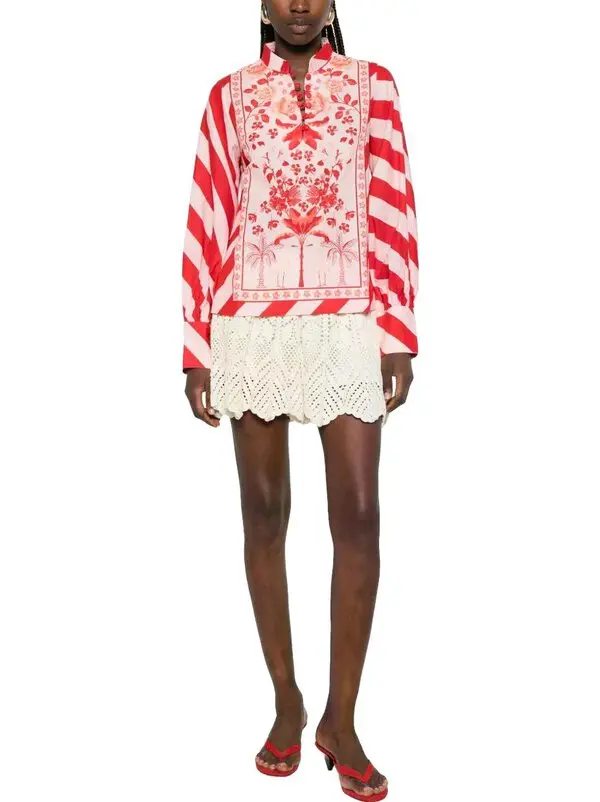 Verandah Floral Print Striped Sleeve Blouse - Pink