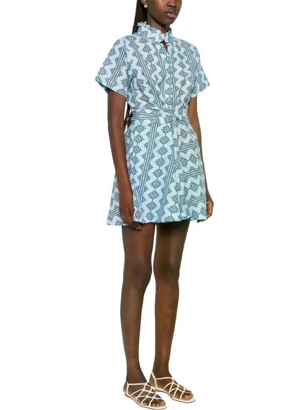 Verandah Bawa Stripes Ruffled-collar Mini Dress - Blue