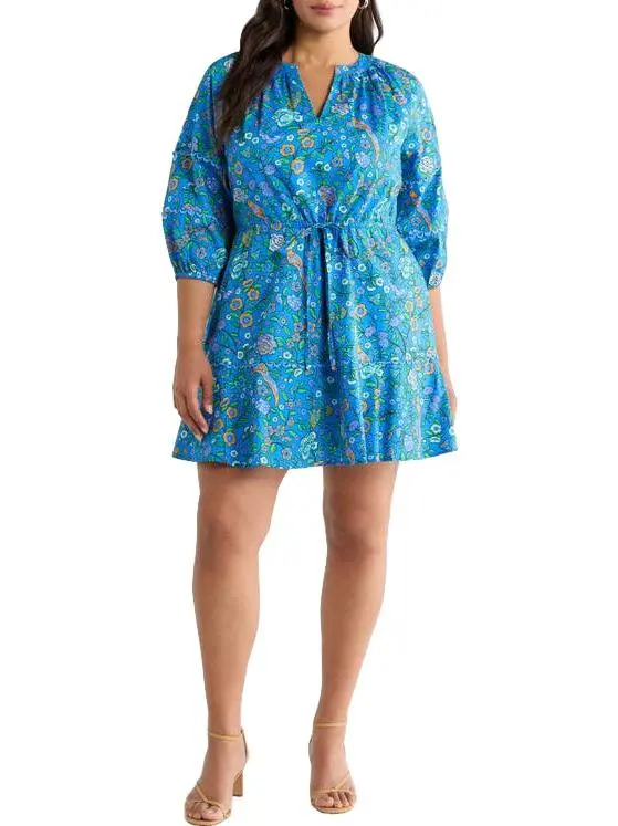 SUGARLIPS Floral Print V-neck Puff Sleeve Cotton Dress - Blue-greens