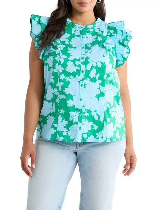 SUGARLIPS Riona Floral Cotton Button-up Top With Ruffle Trim - Blue-kelly