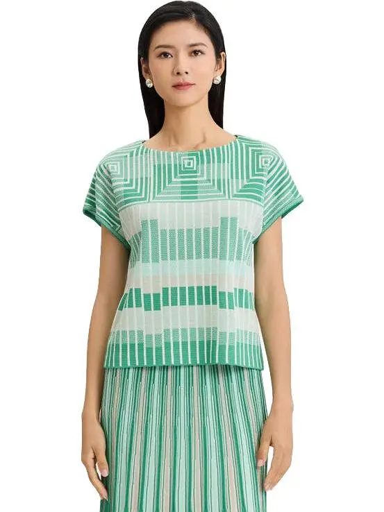 Ming Wang Geometric Jacquard Soft Knit Top - Kelly Green/euca/lime/ivory