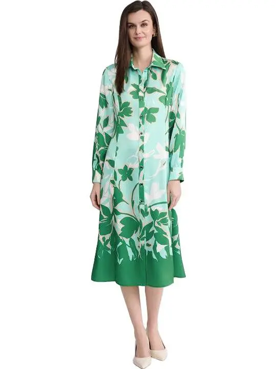 Ming Wang Floral Printed Crepe De Chine Maxi Shirt Dress - Kelly Green/euca/lime/ivory