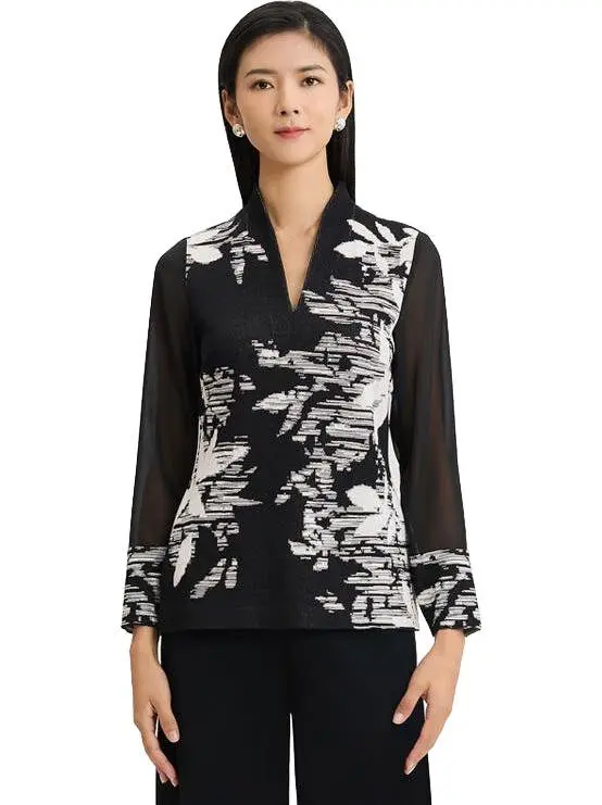Ming Wang Mixed-media Floral Jacquard Knit Tunic - Black/white