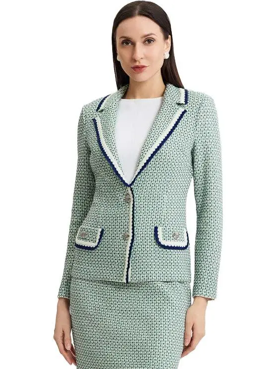 Ming Wang Tailored Jacquard Basketweave Knit Jacket With Faux Crochet Trim - Kelly Green/indigo/ivory