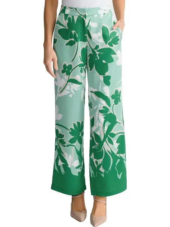 Ming Wang Crepe De Chine Floral Printed Wide-leg Pants - Kelly Green/euca/lime/ivory