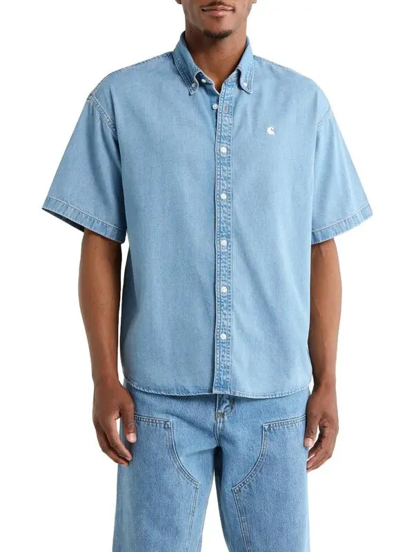 Carhartt Work In Progress Lucas Short Sleeve Cotton Denim Button-down Shirt - Light Blue