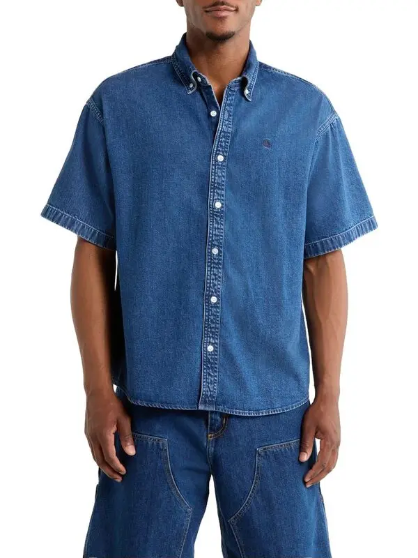 Carhartt Work In Progress Lucas Short Sleeve Cotton Denim Button-down Shirt - Stone