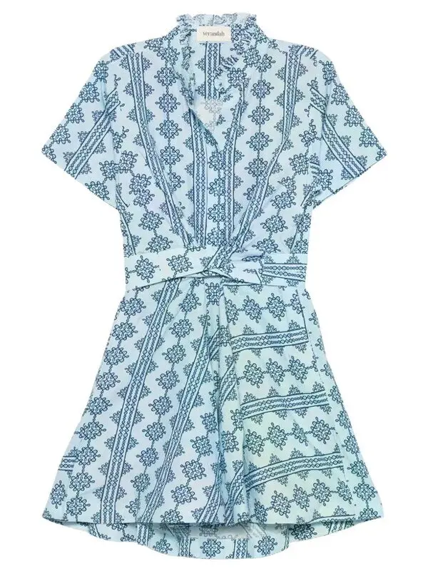 Verandah Bawa Stripes Ruffled-collar Mini Dress - Blue