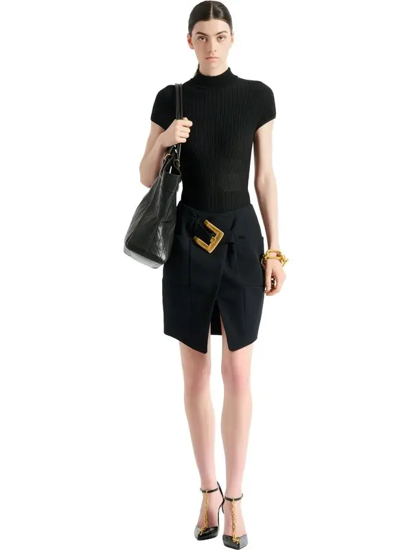 Balmain Belted Grain De Poudre Mini Skirt - Black