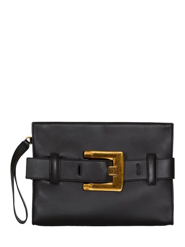 Balmain Anthem Clutch In Smooth Lambskin Leather - Black