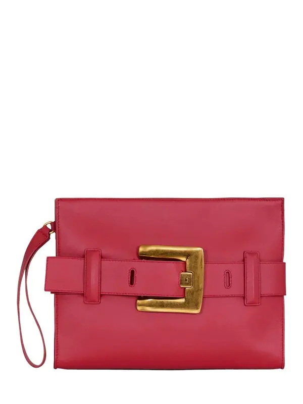 Balmain Anthem Smooth Leather Clutch With Gold Buckle - Red