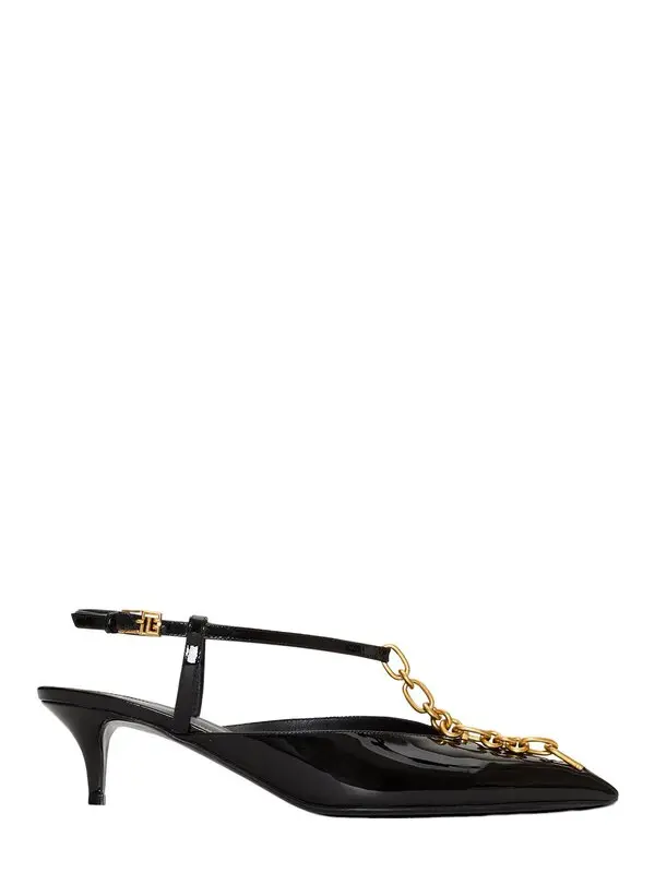 Balmain Patent Leather Sync Chain Kitten Slingbacks - Black