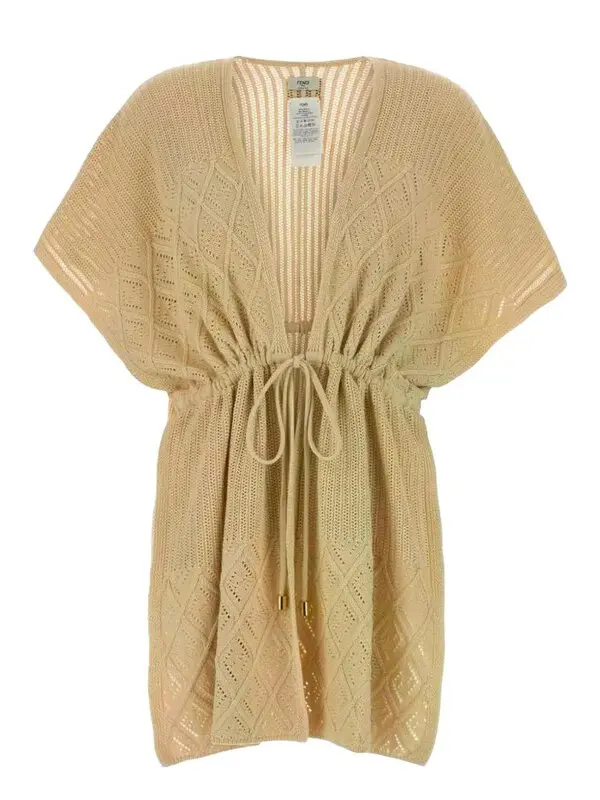 Fendi Pointelle Knit Drawstring Poncho - Neutrals