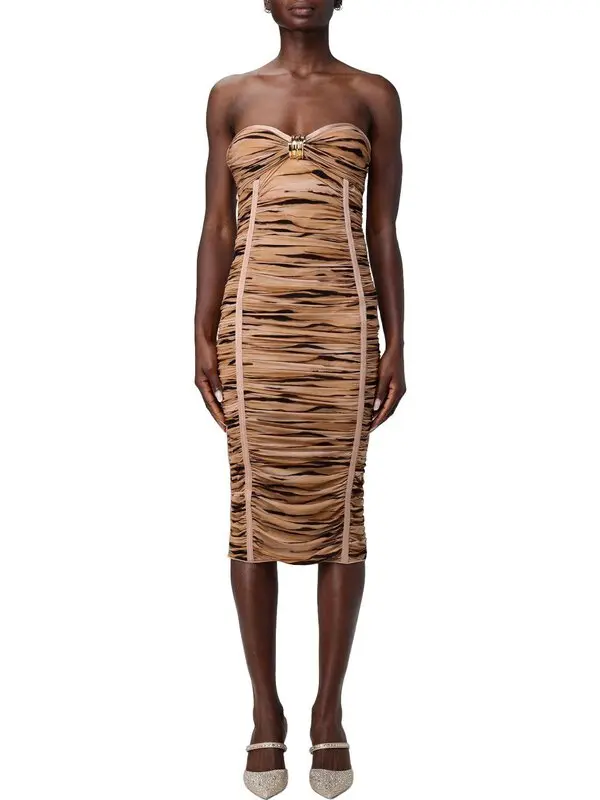 Elisabetta Franchi Ruched Printed Midi Dress - Camel