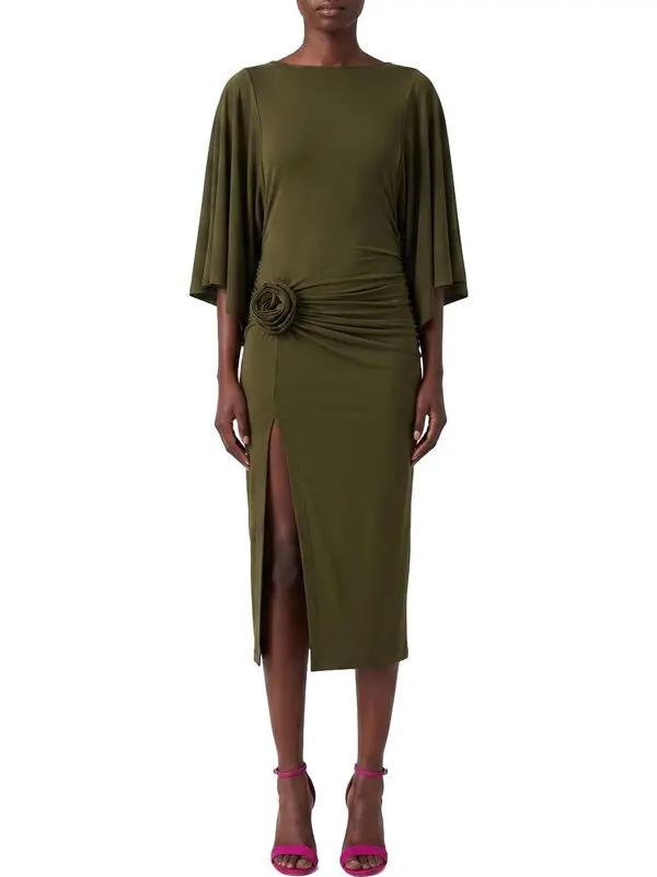 Blumarine Ruched Dress With Flower Embellishment - Green
