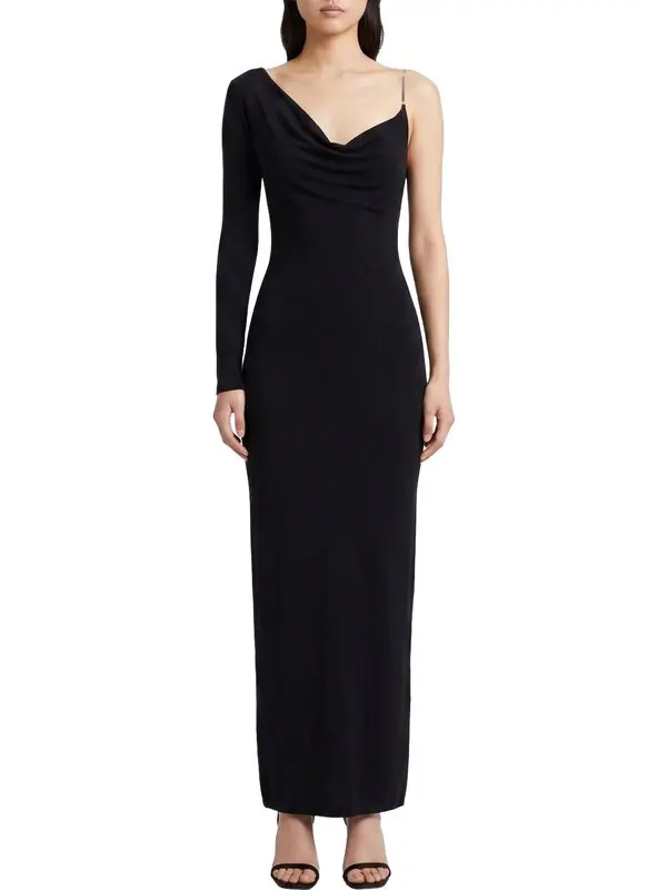 Elisabetta Franchi One-shoulder Gown With Draped Neckline And Slit - Black