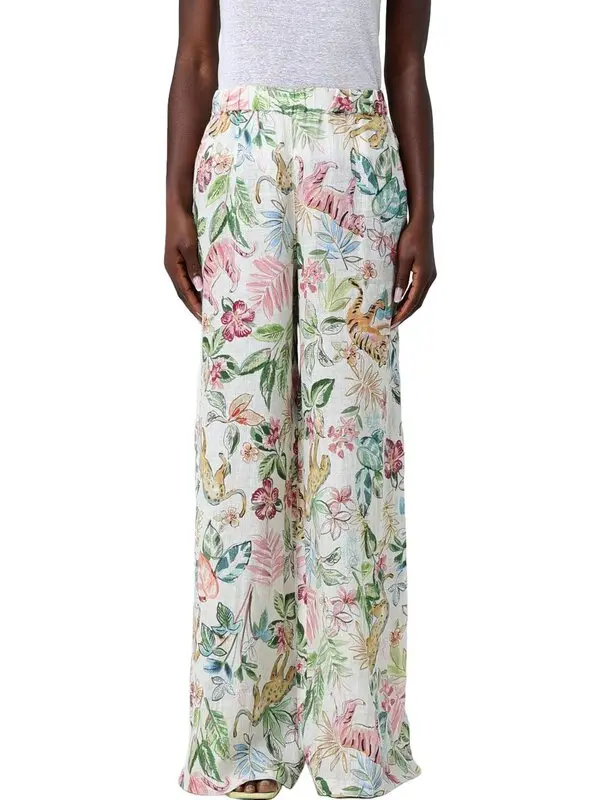 120% Lino Printed Wide Leg Trousers - Multicolor