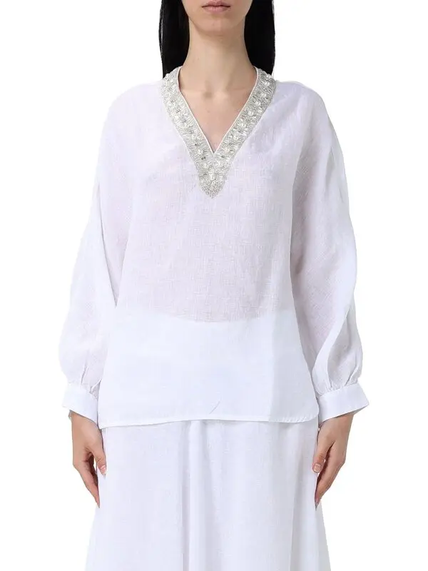 120% Lino V-neck Embellished Top - White