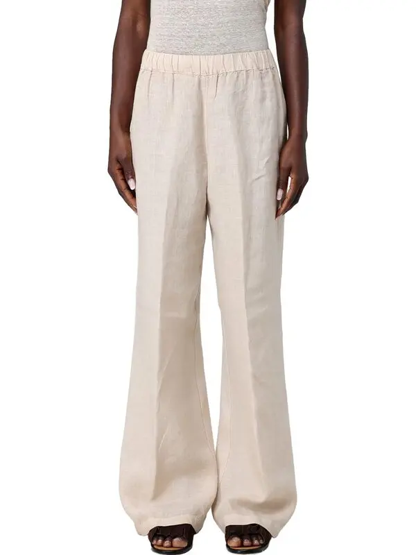 120% Lino Beige Linen Flared Trousers - Ecru