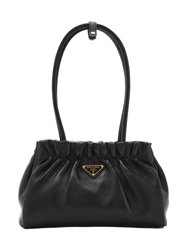 Prada Ruched Nappa Leather Top Handle Bag With Logo Plaque - Black