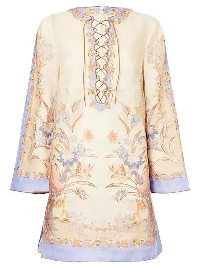 Zimmermann Indra Floral-print Linen Tunic Mini Dress - Biscuit Scarf Floral