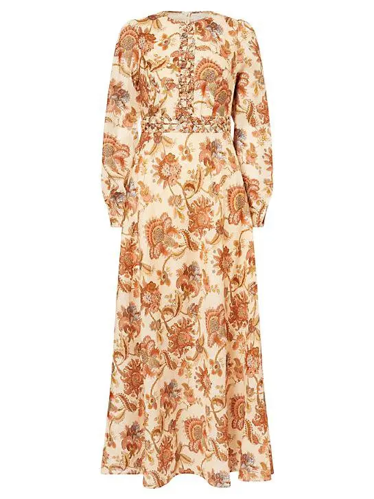 Zimmermann Aster Long-sleeve Linen Midi Dress - Cream Jacobean