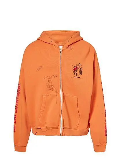 PALY HOLLYWOOD Distressed Logo-print Cotton Hoodie - Orange