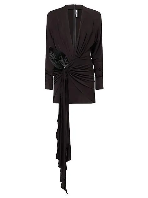 David Koma Draped-hem Flower-applique Stretch-jersey Mini Dress - Black