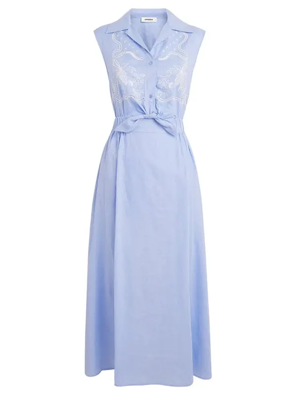 Sandro Linen-blend Embroidered Maxi Dress - Blue