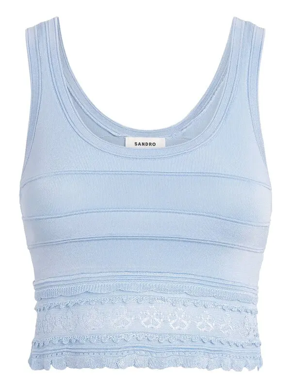 Sandro Pointelle Lace Trim Cropped Tank Top - Blue