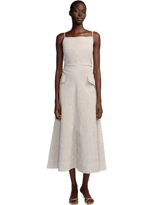 Lela Rose Striped Seersucker Tucked Midi Dress - Brown