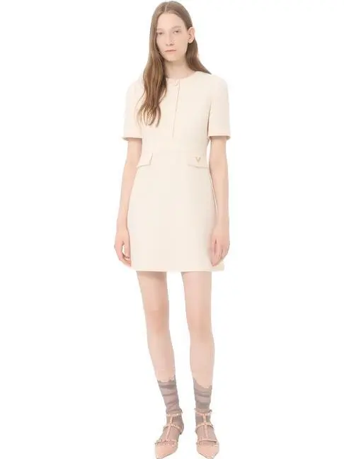Valentino Garavani Crepe Couture Short Dress With Vgold Button Detail - White