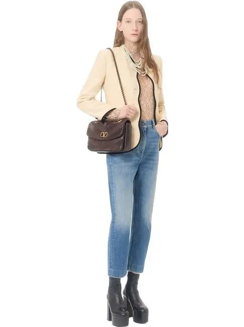 Valentino Garavani Djuna Medium Chain Bag In Suede And Nappa With Chevron Pattern - Gold