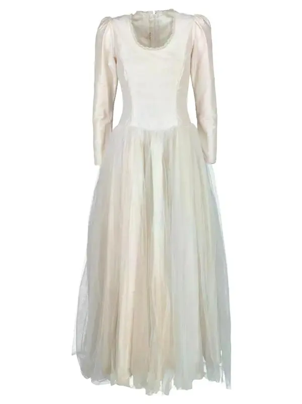 Vintage Tulle Overlay Dress With Floral Appliqu - Neutrals