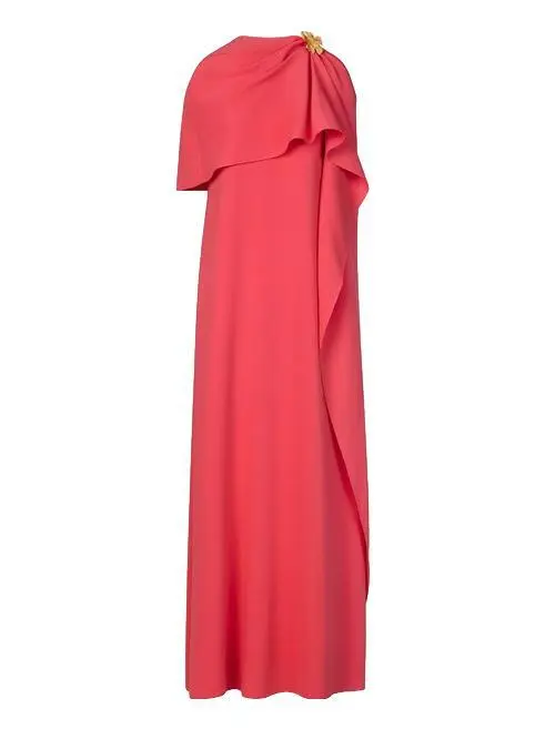 Oscar De La Renta Georgette Caftan With Hibiscus Brooch - Red