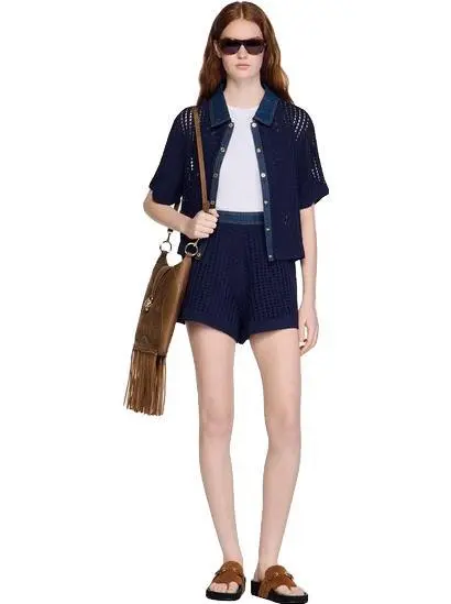 Sandro High-waisted Crochet Knit Shorts With Denim Trim - Blue / Navy
