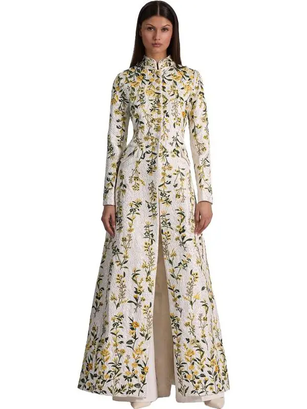 Alice + Olivia Embellished Floral Jacquard Long Jacket - Teal