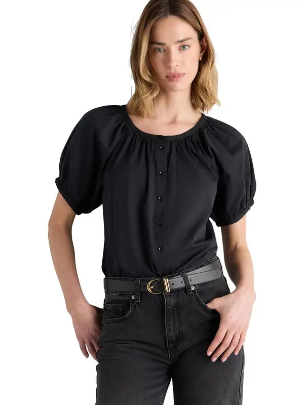 Quince Cotton Viscose Voile Raglan Short Sleeve Blouse - Black
