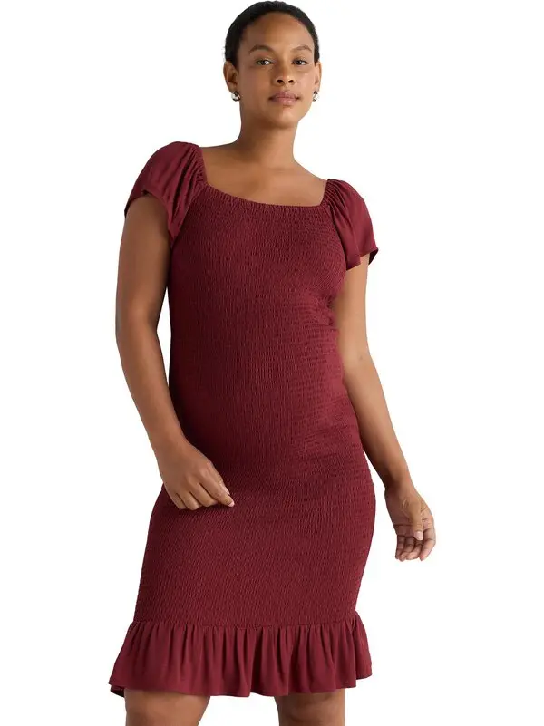 Quince Lightweight Crepe Smocked Flutter Sleeve Maternity Dress - Maroon