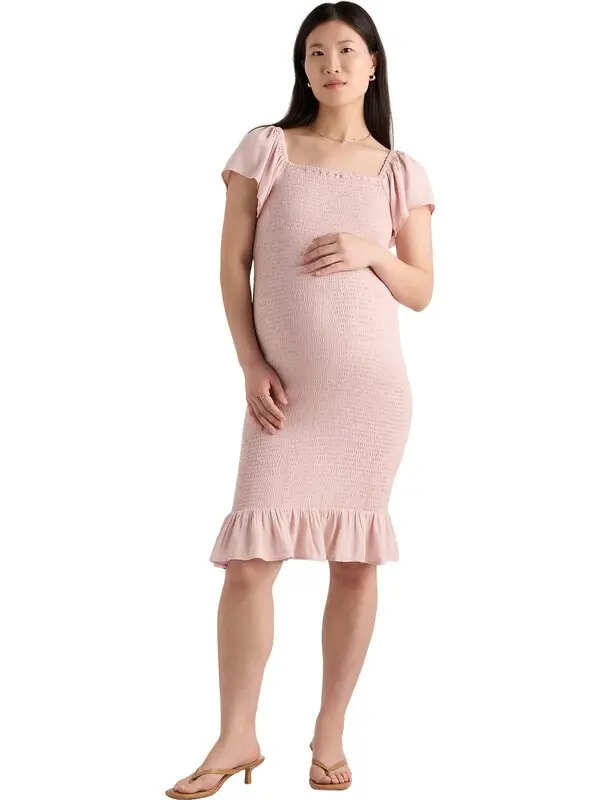 Quince Lightweight Crepe Smocked Flutter Sleeve Maternity Dress - Shell Pink